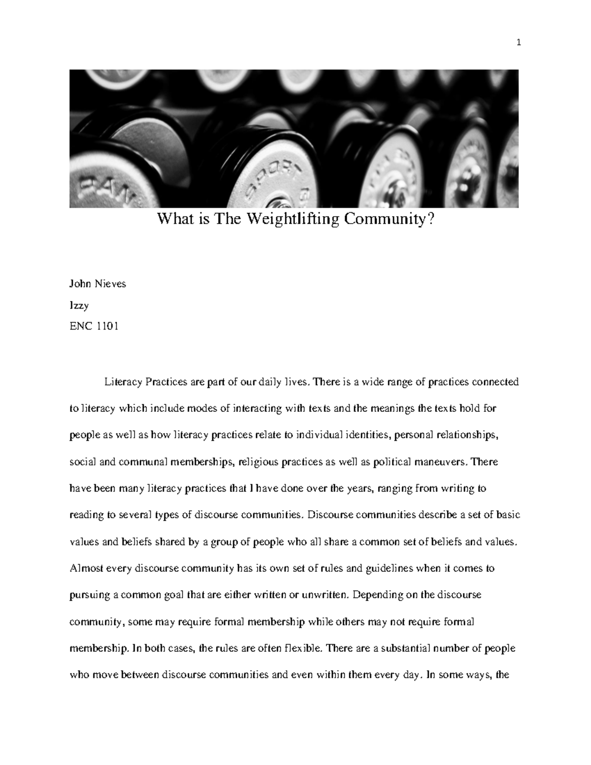 Major Paper 2 - What is The Weightlifting Community? John Nieves Izzy ...