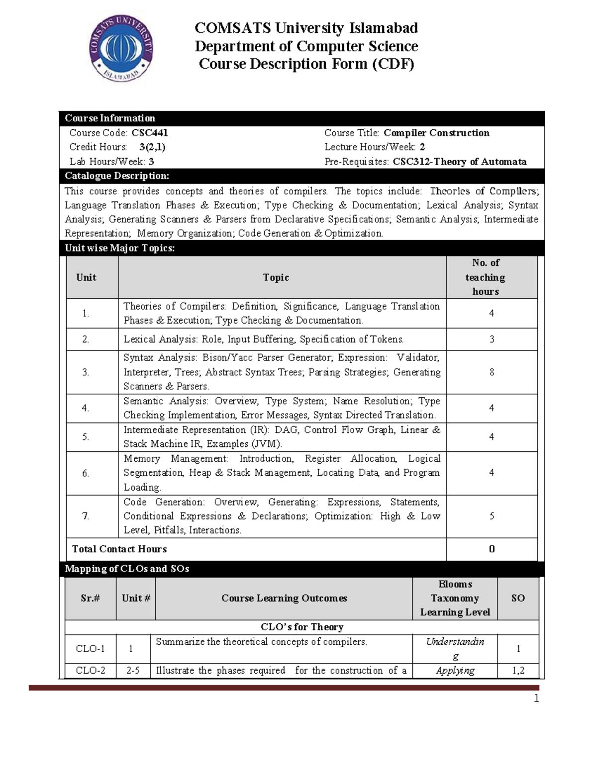 CSC-441 Compiler Construction Course Description Form - Studocu