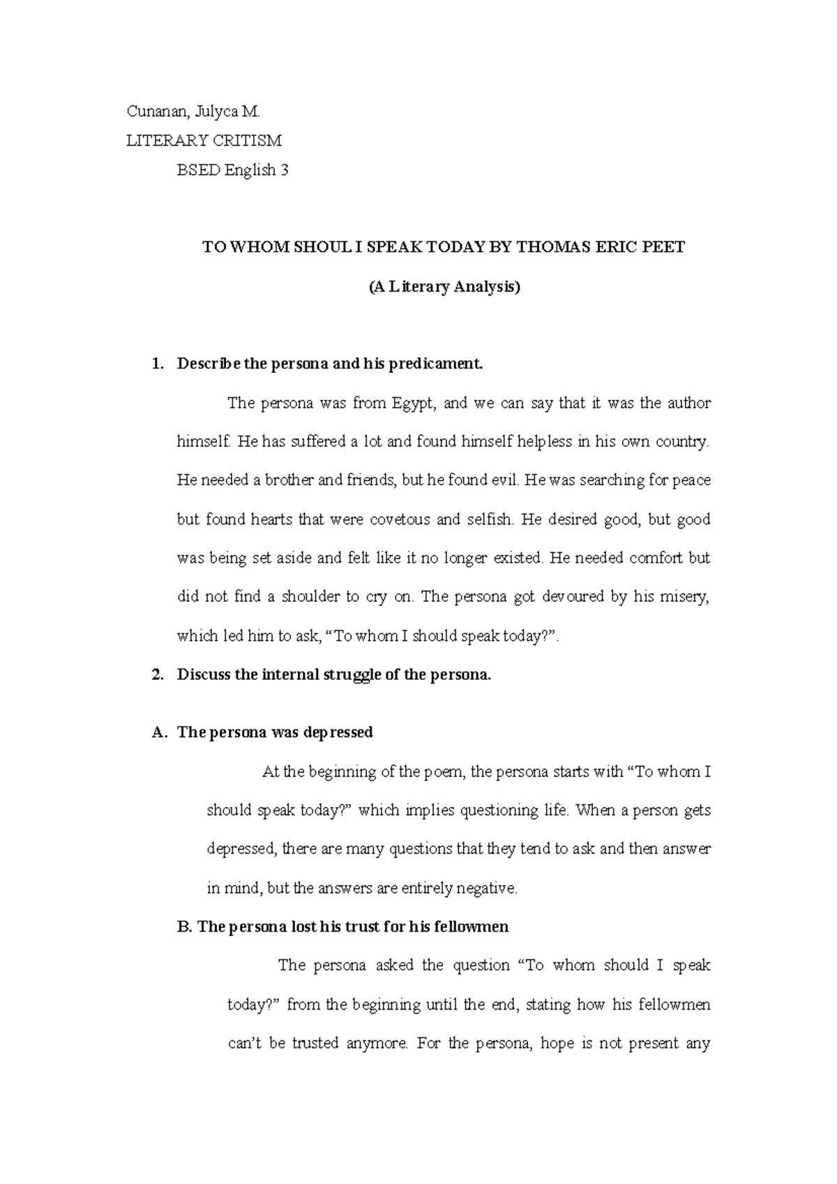 Literary Analysis - TO WHOM Should I Speak Today BY Thomas ERIC PEET ...