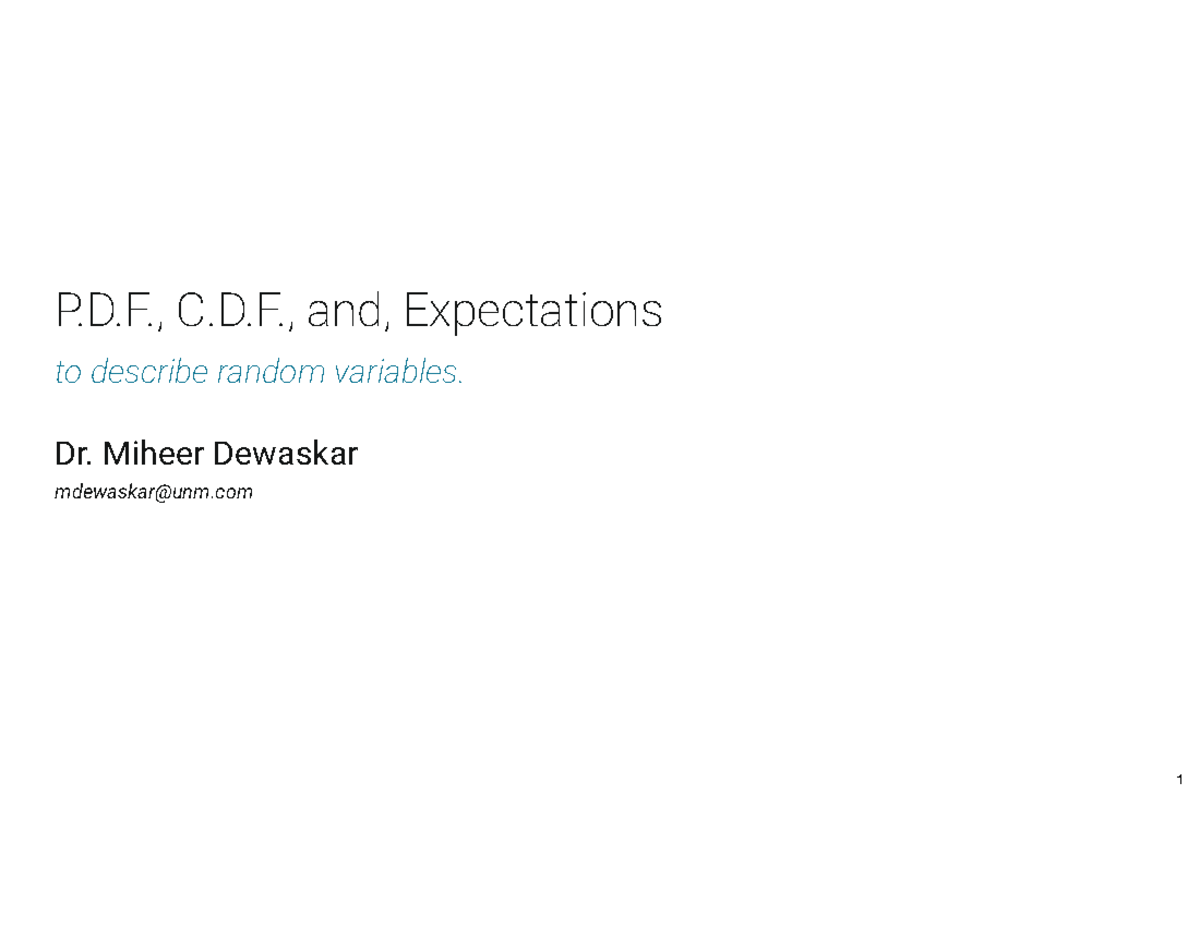 C.D.F. and P.M.F. of Random Variables: Concepts & Calculations - Studocu