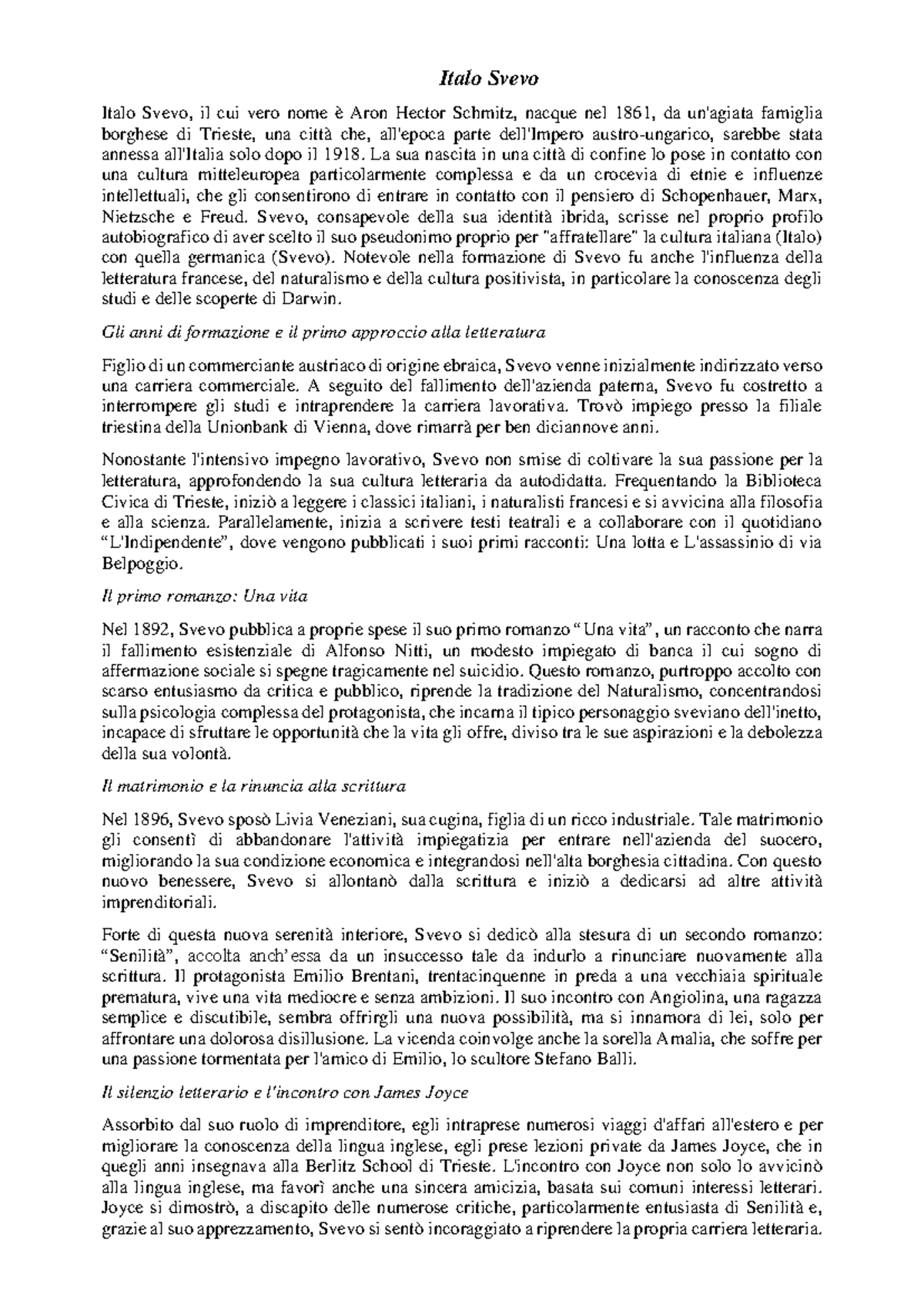 Italo Svevo: Vita, Opere e Influenze Letterarie - Studocu