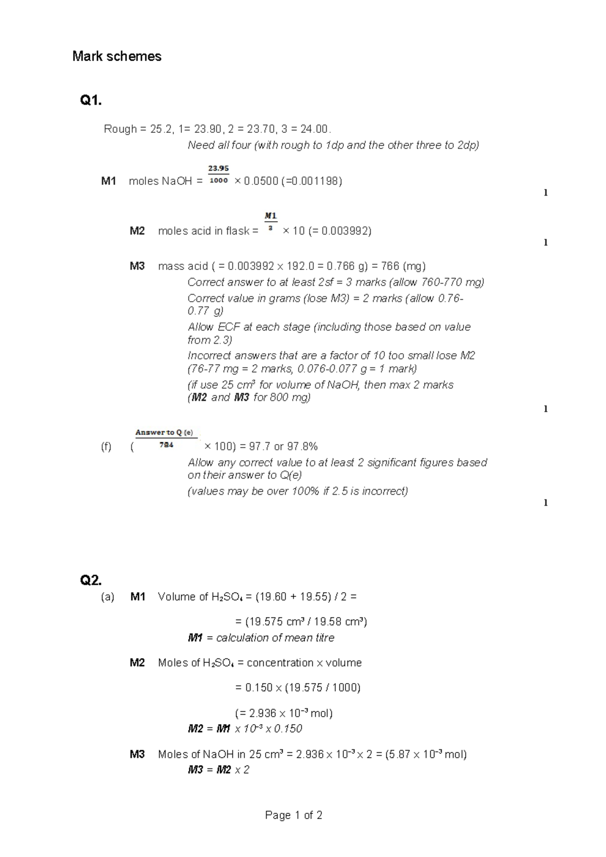 A* Titration Q&A Mark Schemes - Chemistry Exam Prep - Studocu