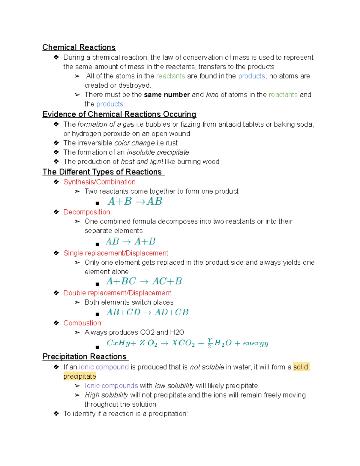 Chemistry 101: Unit 7 Review Sheet on Chemical Reactions & Mole ...