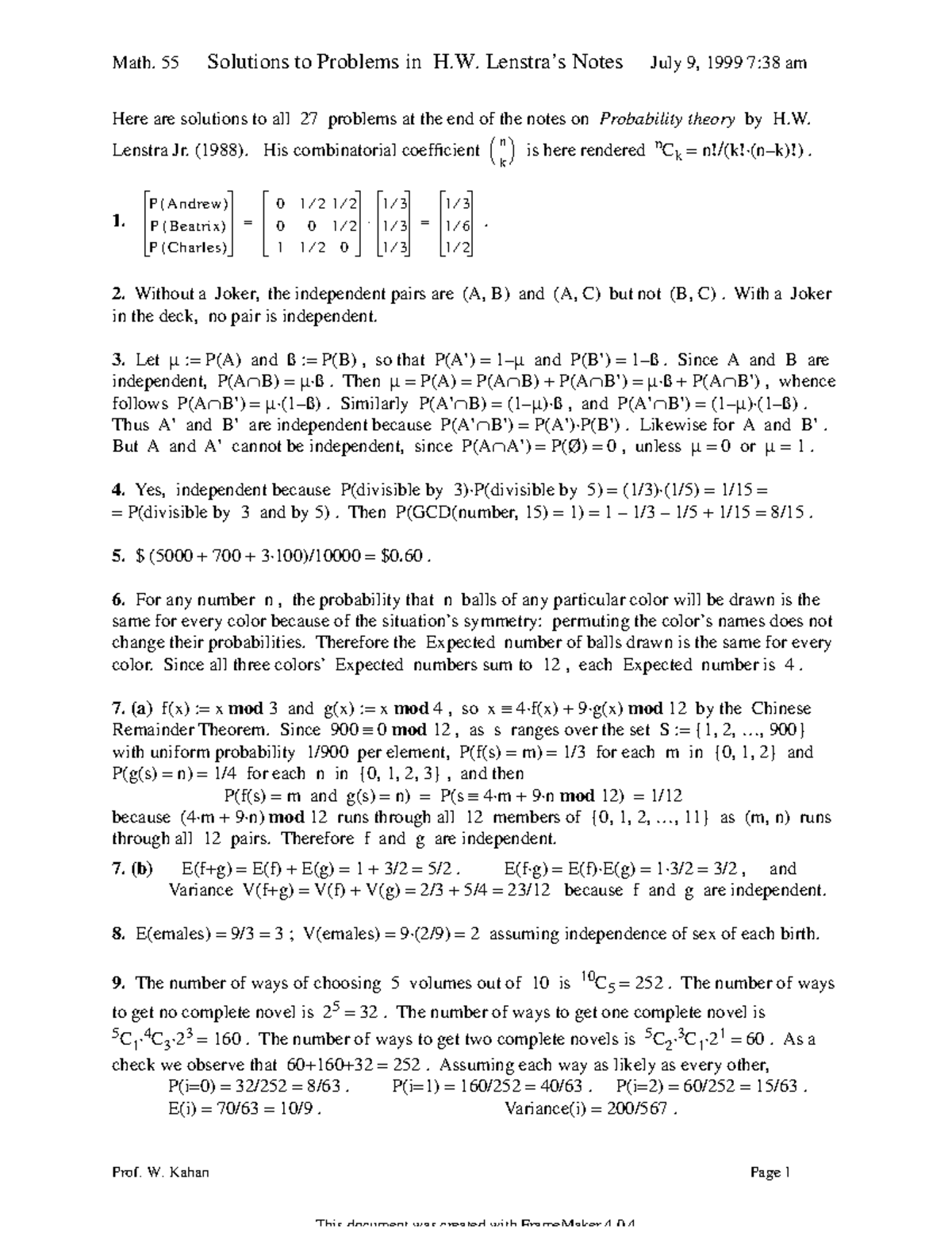 Lenstras Something To Refer Prof W Kahan Page 1 Here Are