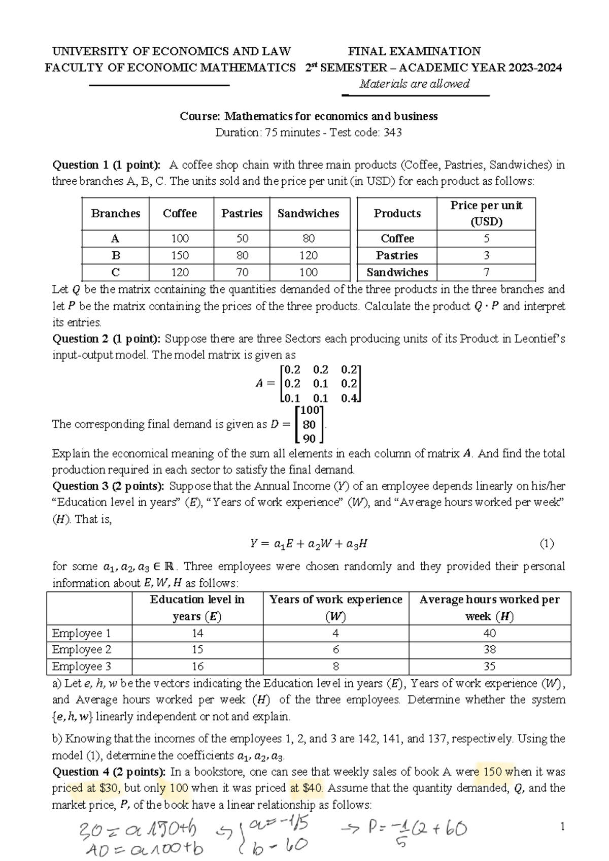 Mathematics for Economics & Business Final Exam (Course Code: 343 ...
