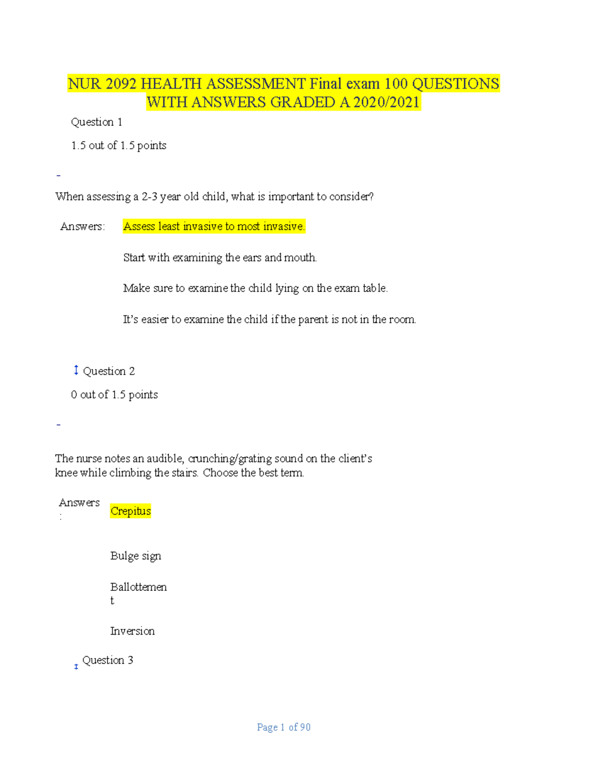 NUR 2092 Final Exam Study Guide: 100 Health Assessment Q&A - Studocu