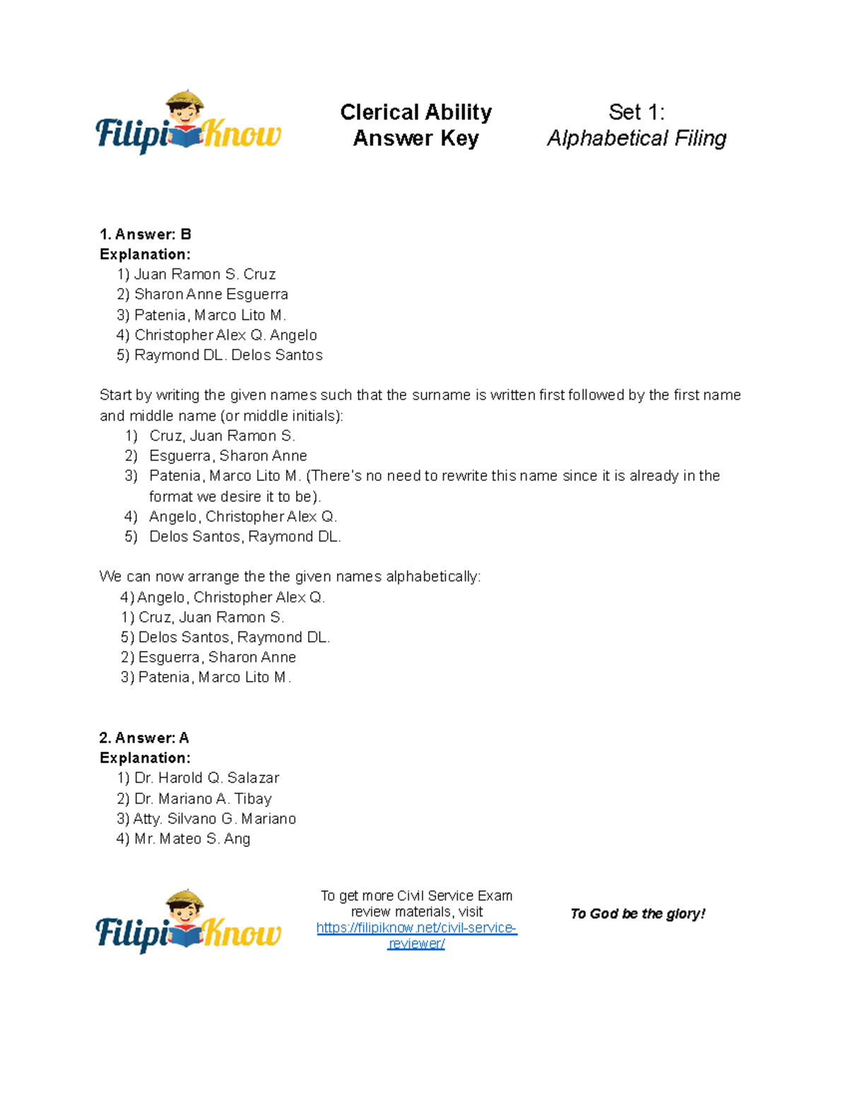 Clerical Ability Practice Test Set 1 Answer Key - Answer Key ...