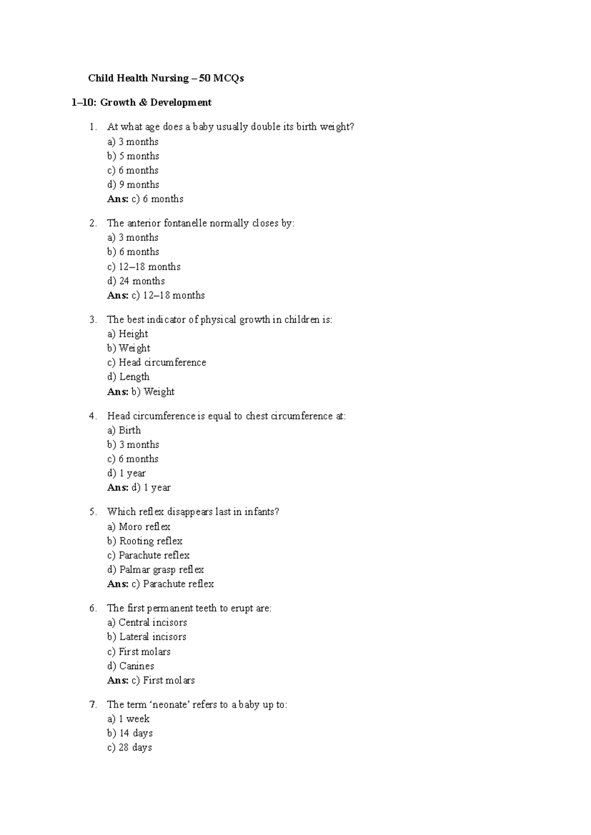 Child Health Nursing: 50 MCQs on Growth & Development - Studocu