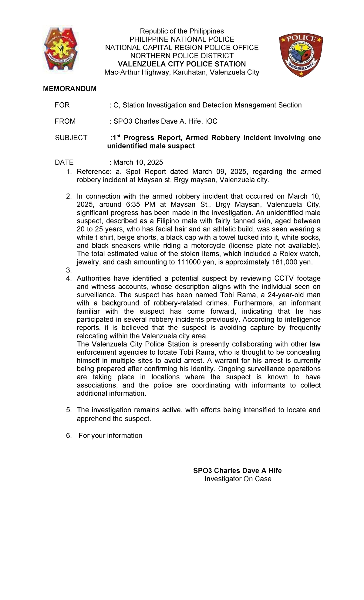 1st Progress Report on Armed Robbery Incident - Valenzuela City - Studocu
