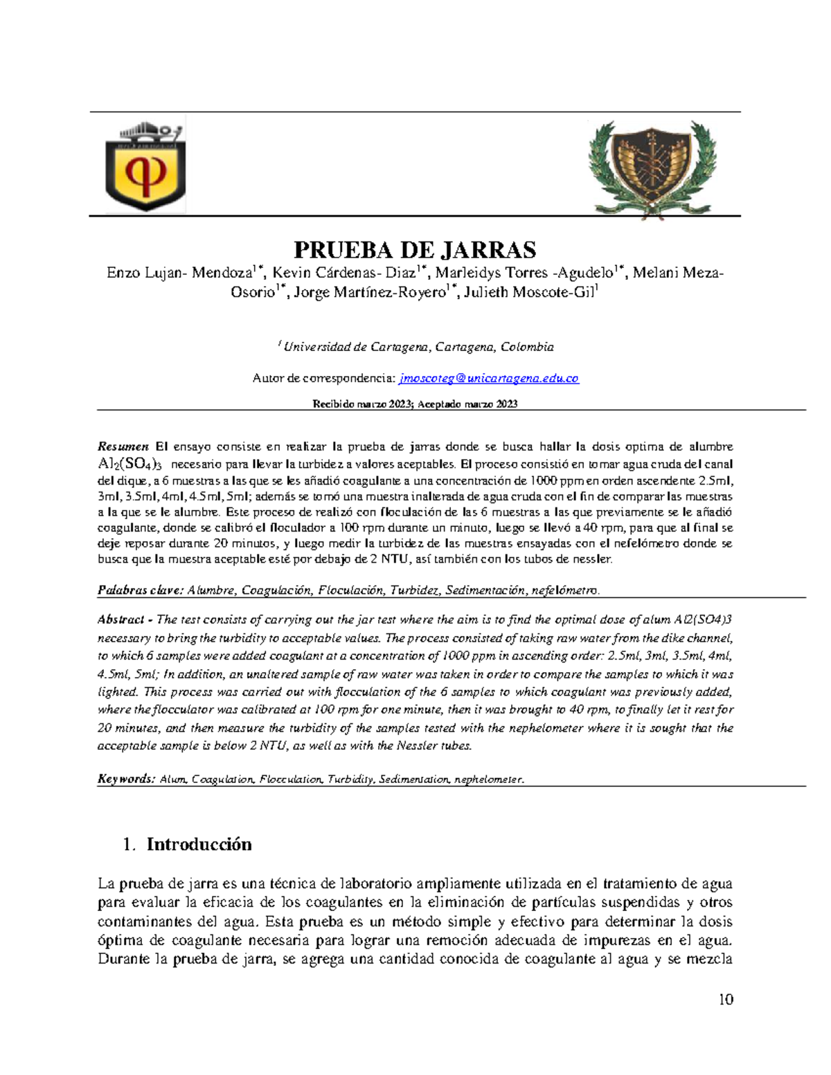 Laboratorio 1: Prueba de Jarras para Determinar Dosis Óptima de Alumbre ...