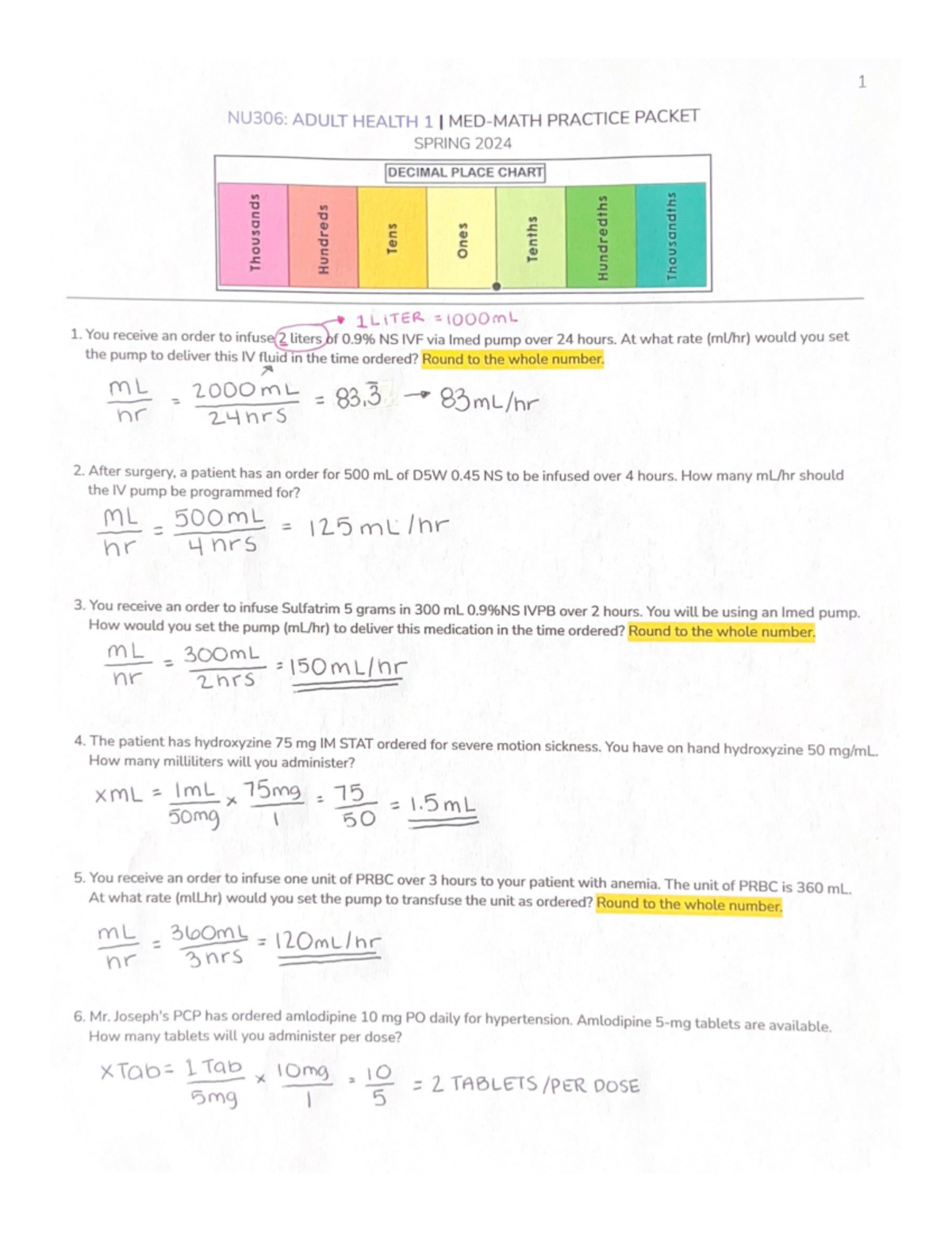 MED MATH Practice + Answers - Nurs 110 - Studocu