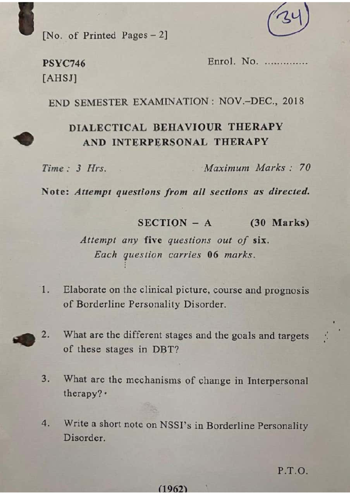 DBT PYQ: End Semester Exam 2018 - PSYC746 Insights on Therapy ...