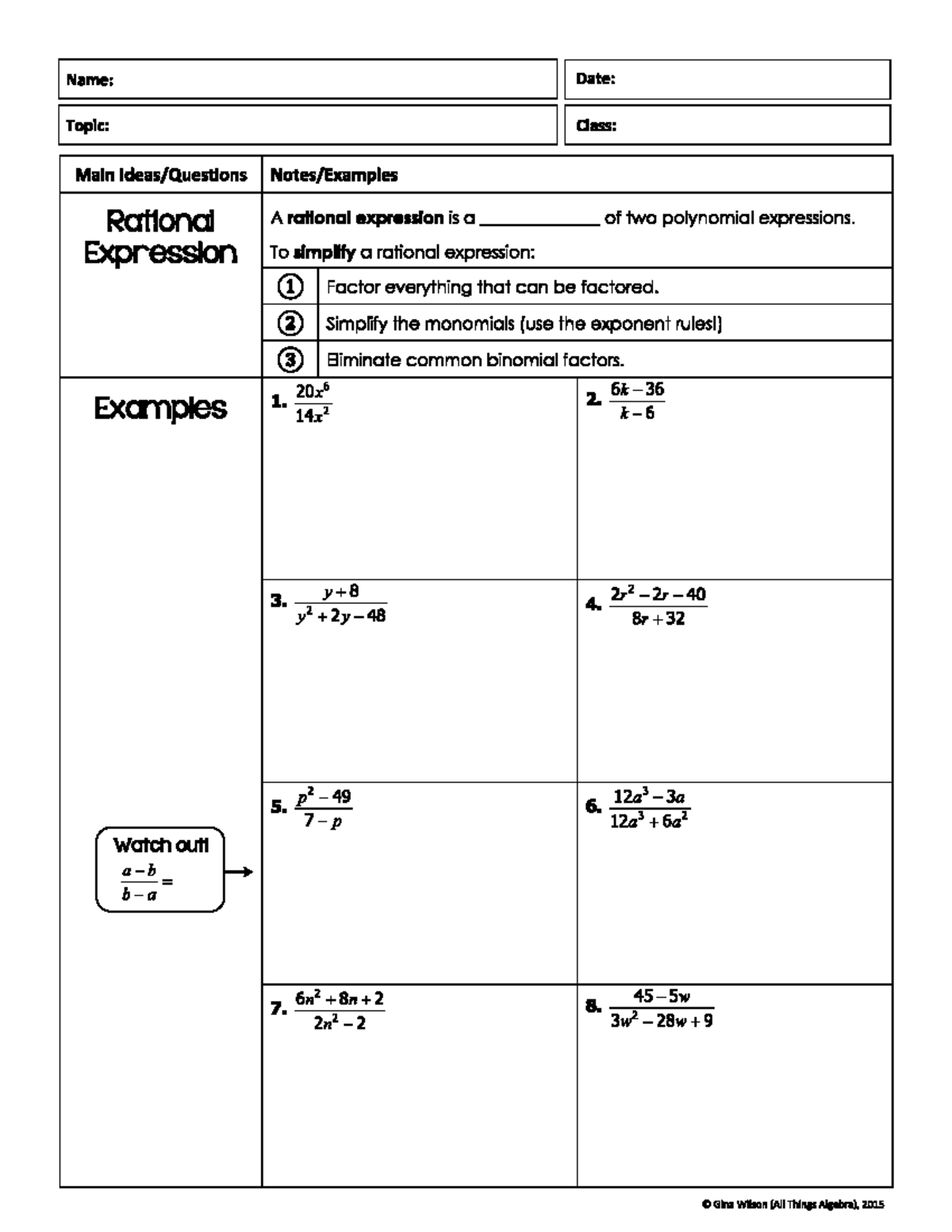 Simplifying, Multiplying, and Dividing Rational Expressions Notes (MATH ...