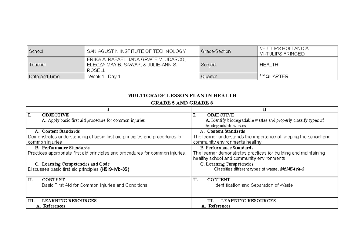 Multigrade Lesson PLAN MATH 1 2 - MULTIGRADE LESSON PLAN IN HEALTH GRADE 5 AND GRADE 6 I II I ...