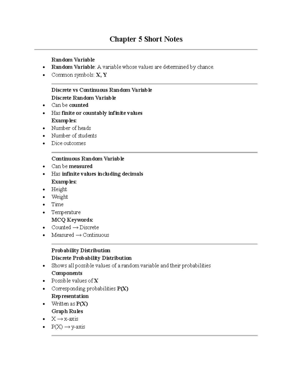 Chapter 5 Short Notes: Random Variables and Distributions (MATH101 ...