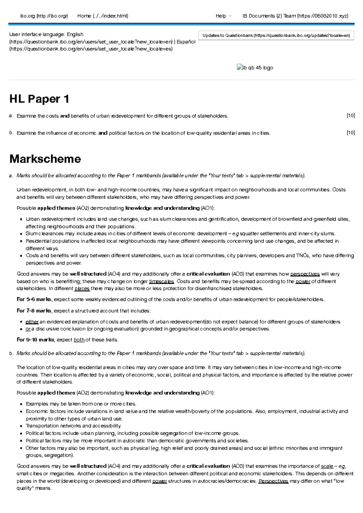 IB Geography PPQ: Urban Redevelopment, Economic Factors, and Social ...