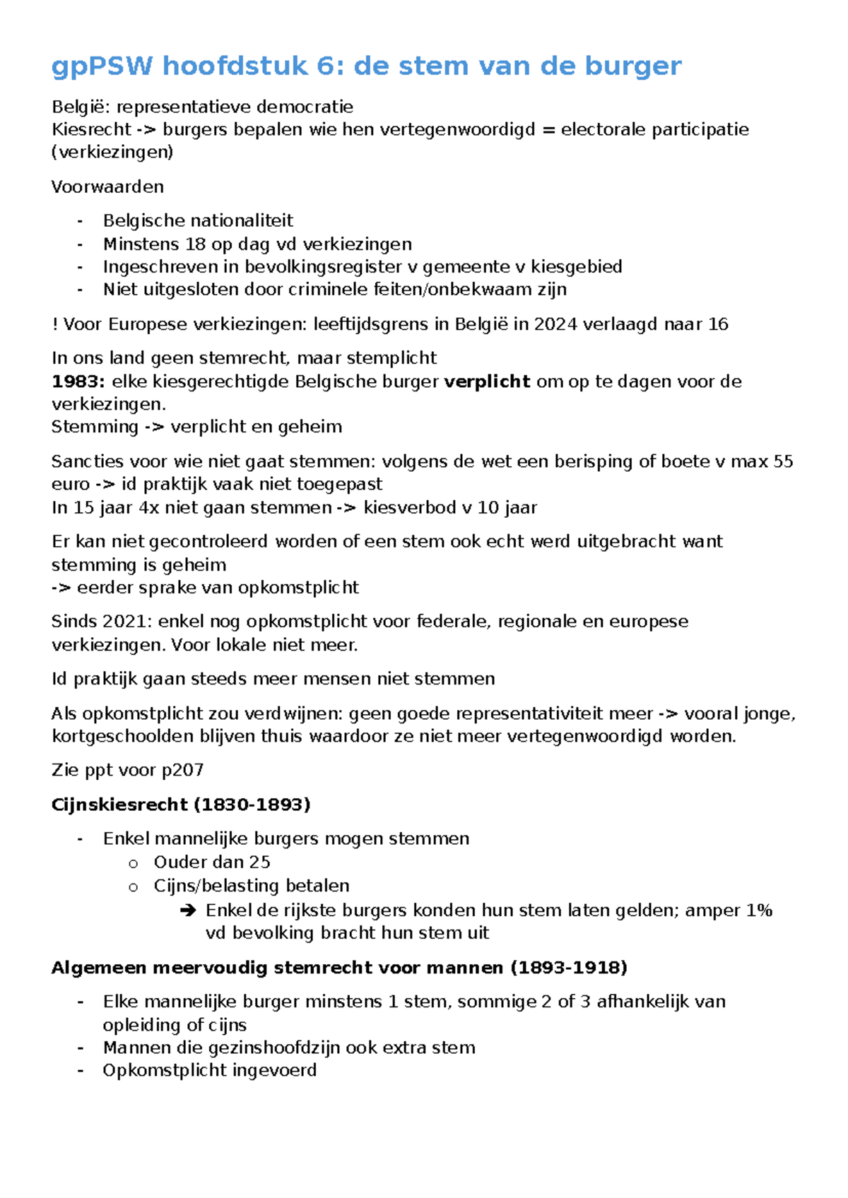 PSW Hoofdstuk 6: Stemrecht en Representatieve Democratie in België ...