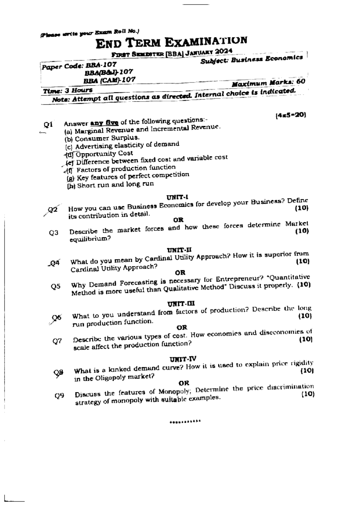 Business Economics Question Paper Jan 2024 - (Please write your Exam Roll No.) END TERM ...
