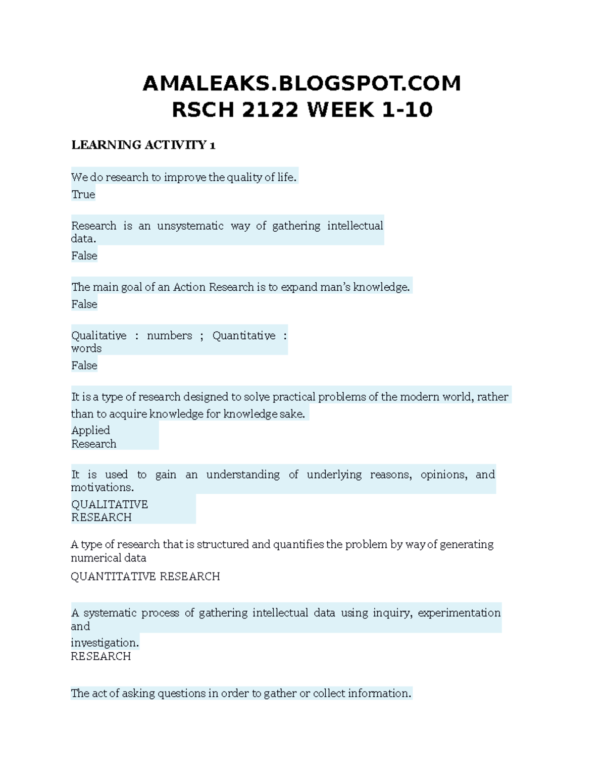 RSCH 2122 WEEK 1 10[ Amaleaks - AMALEAKS.BLOGSPOT RSCH 2122 WEEK 1 ...