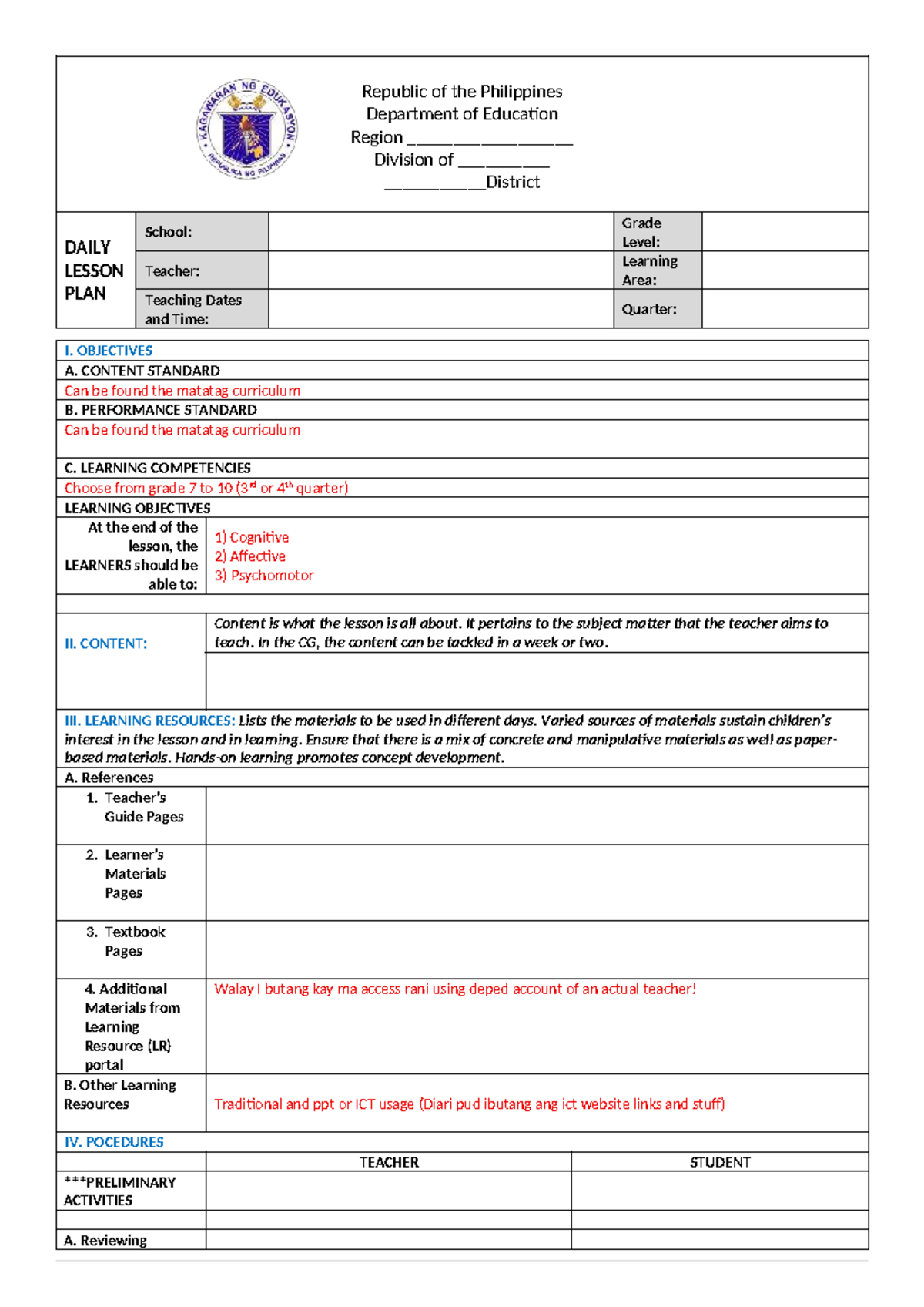 ELC 101 102 Daily Lesson Plan Format for Grade 7-10 - Studocu