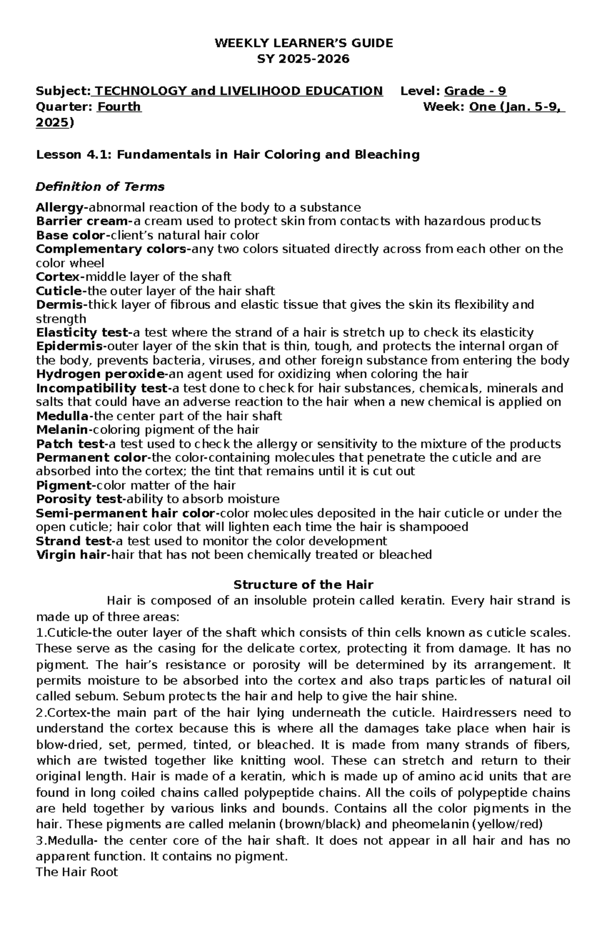Grade 9 TLE Lesson 4.1: Hair Coloring & Bleaching Fundamentals - Studocu