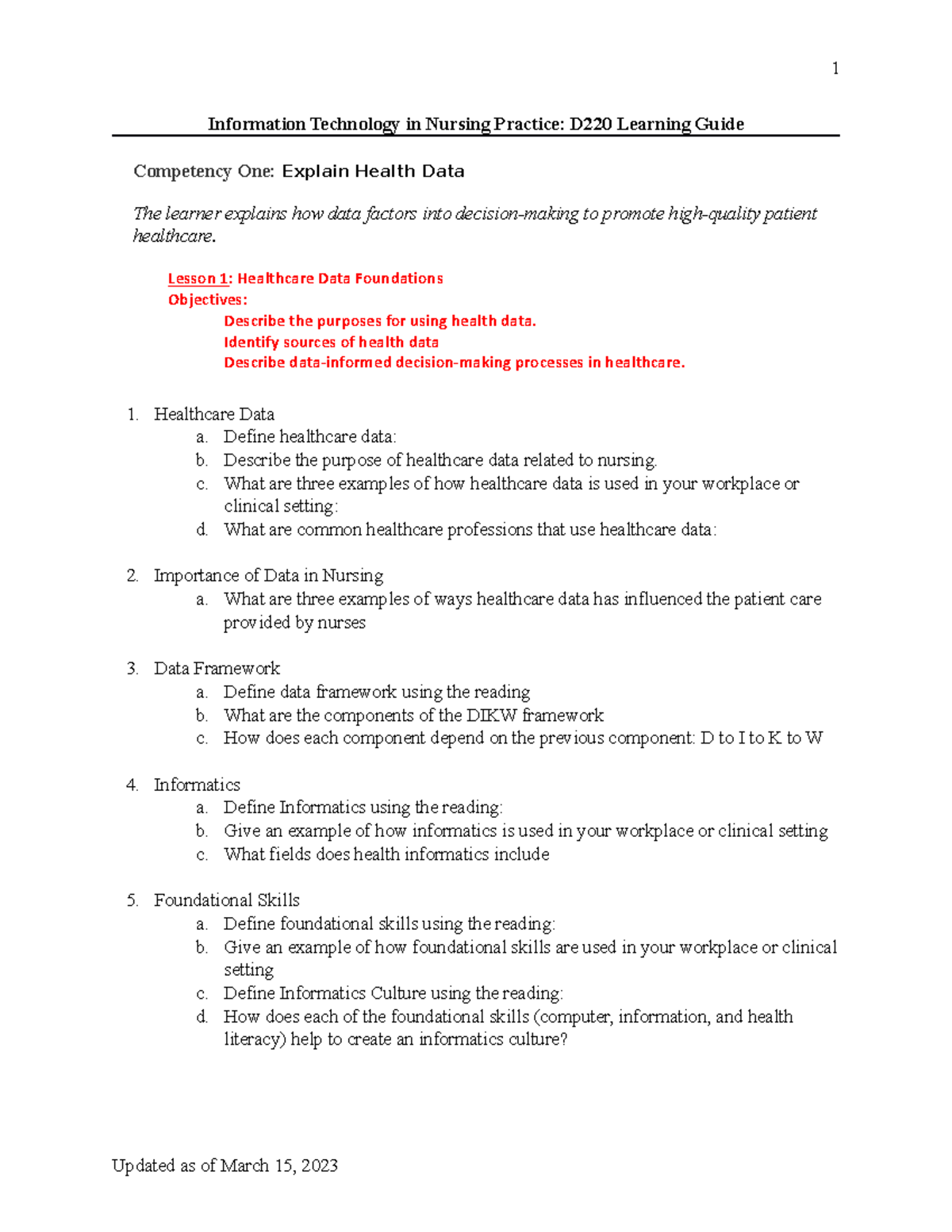 D220 Interactive Learning Guide: Health Data in Nursing Practice - Studocu