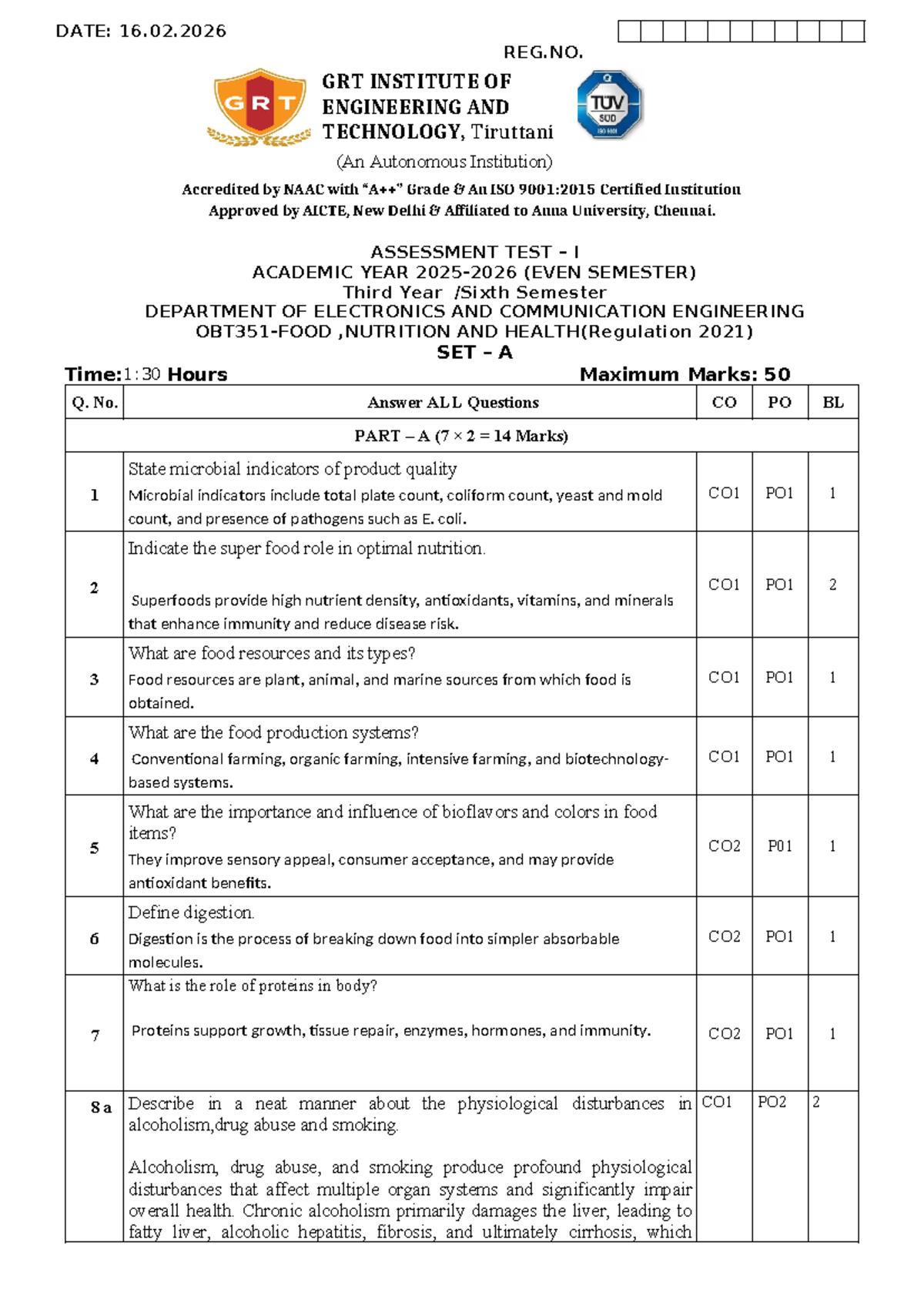 Assessment Test I (AT 1) - OBT351: Nutrition and Health Overview - Studocu
