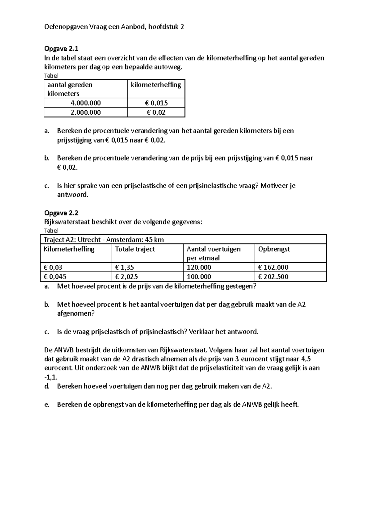 Oefenopgaven Vraag en Aanbod Hoofdstuk 2 - Economische Analyse ...