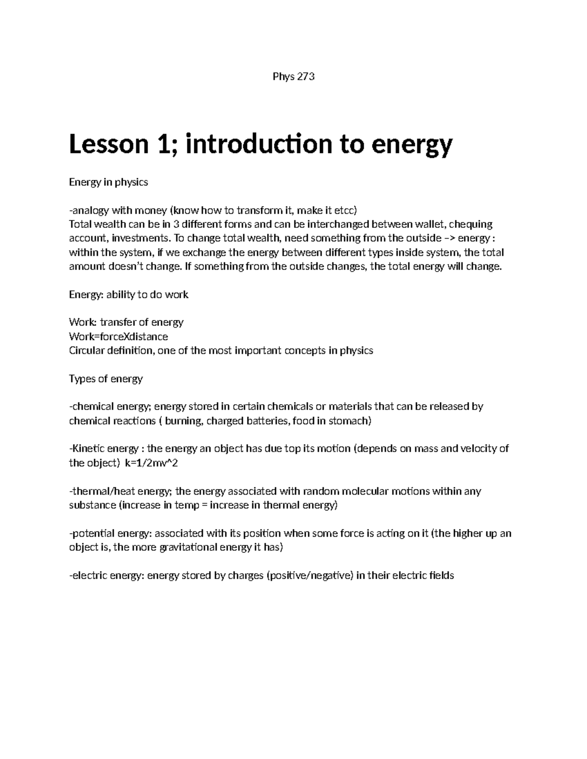 Phys 273 Lesson: Introduction to Energy and Its Transformations - Studocu
