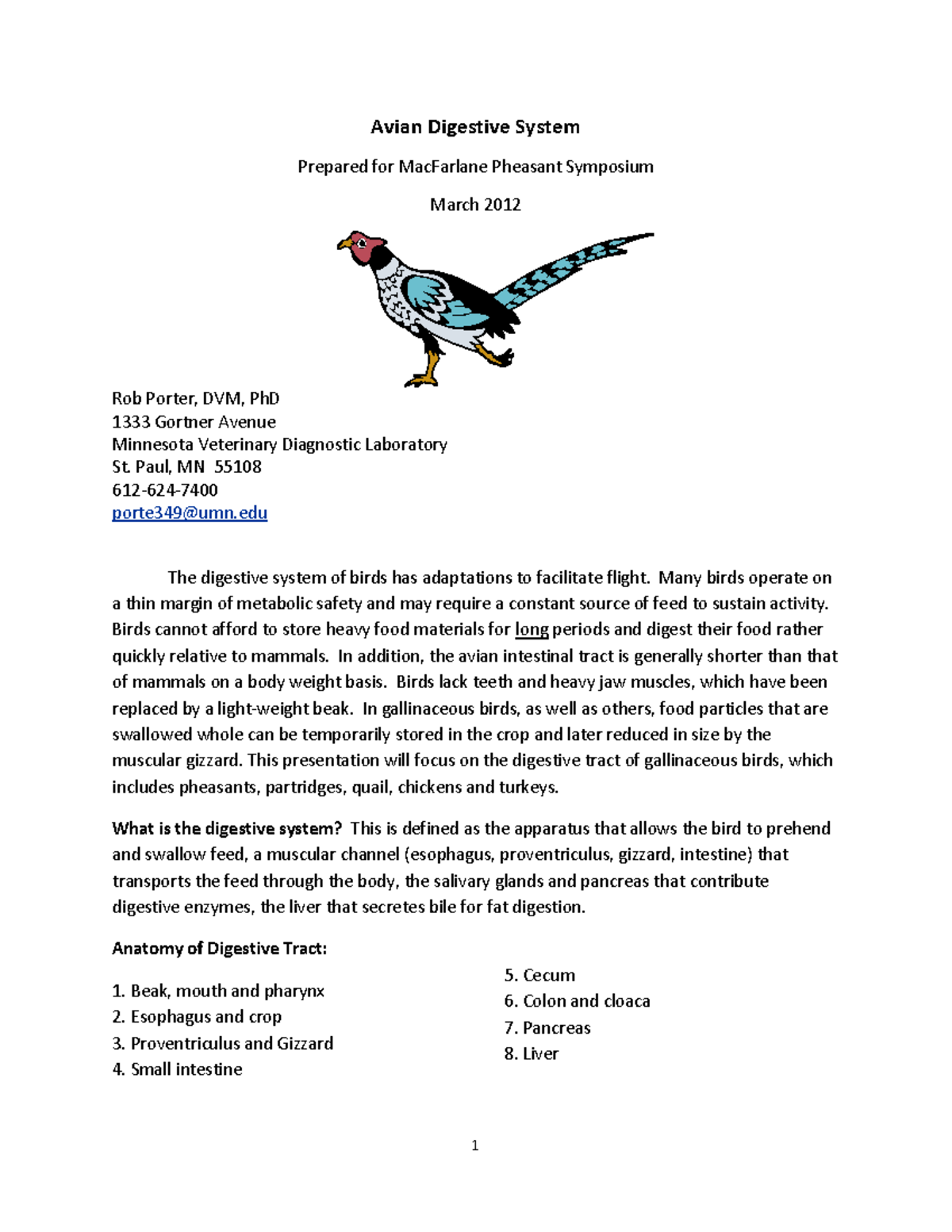 Avian Digestive System: Anatomy & Function in Gallinaceous Birds - Studocu
