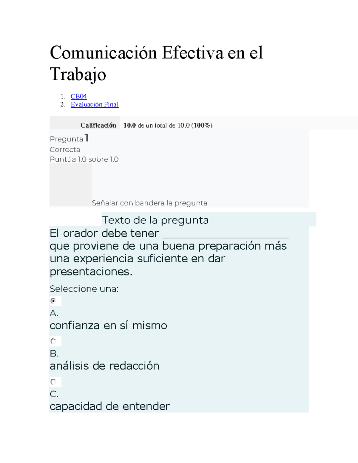 Comunicación Efectiva en el Trabajo - Evaluación Final (CE) - Studocu