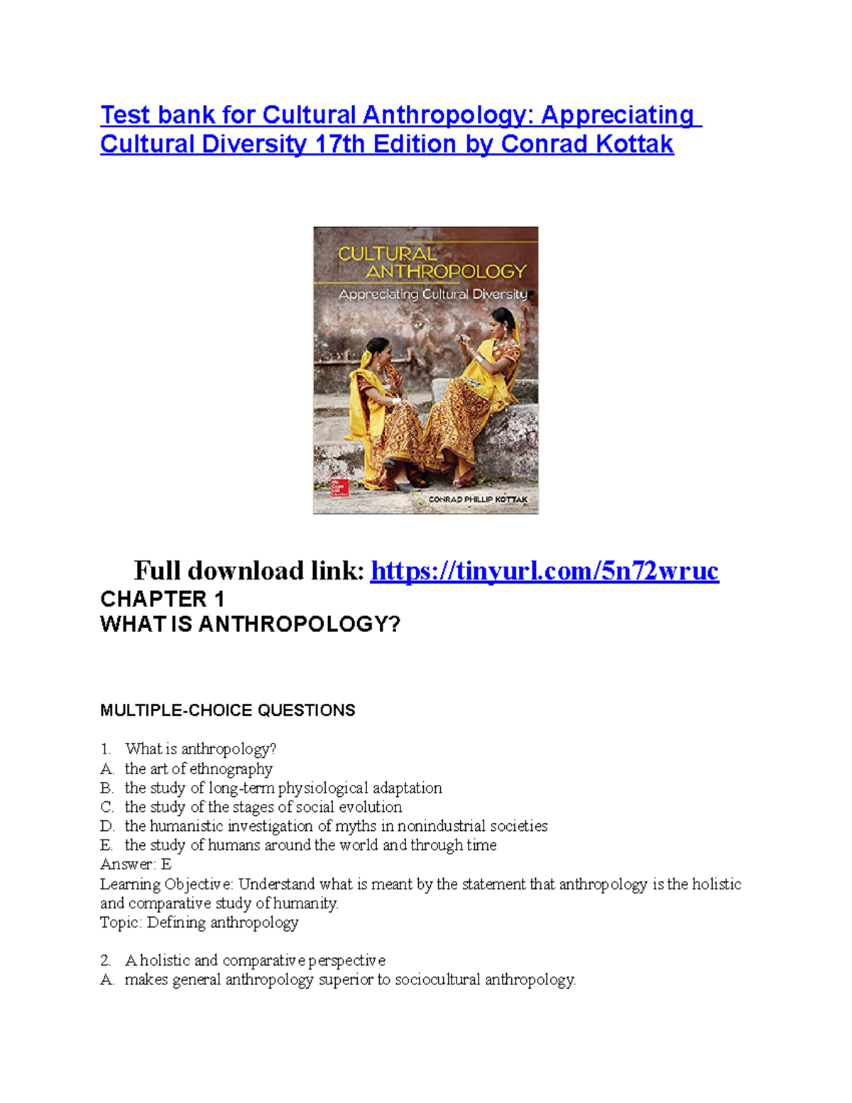 Test bank for Cultural Anthropology Appreciating Cultural Diversity ...