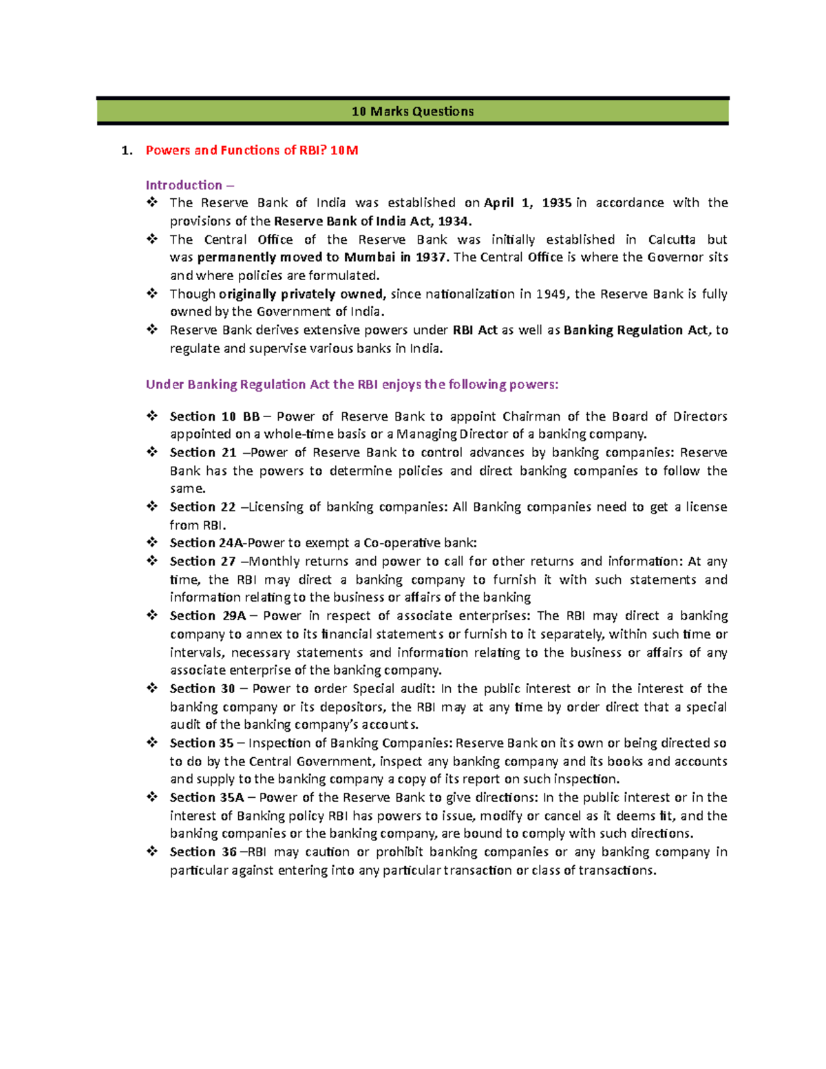 Banking Law Questions and Answers - 10 Marks Questions Powers and ...