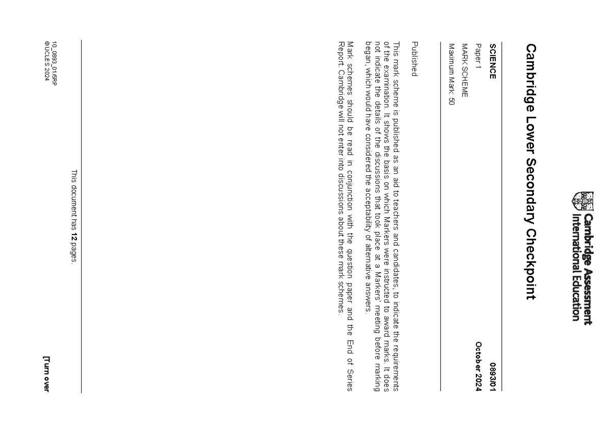 Science 0893/01 Checkpoint Mark Scheme - Oct 2024 (Practice Materials ...