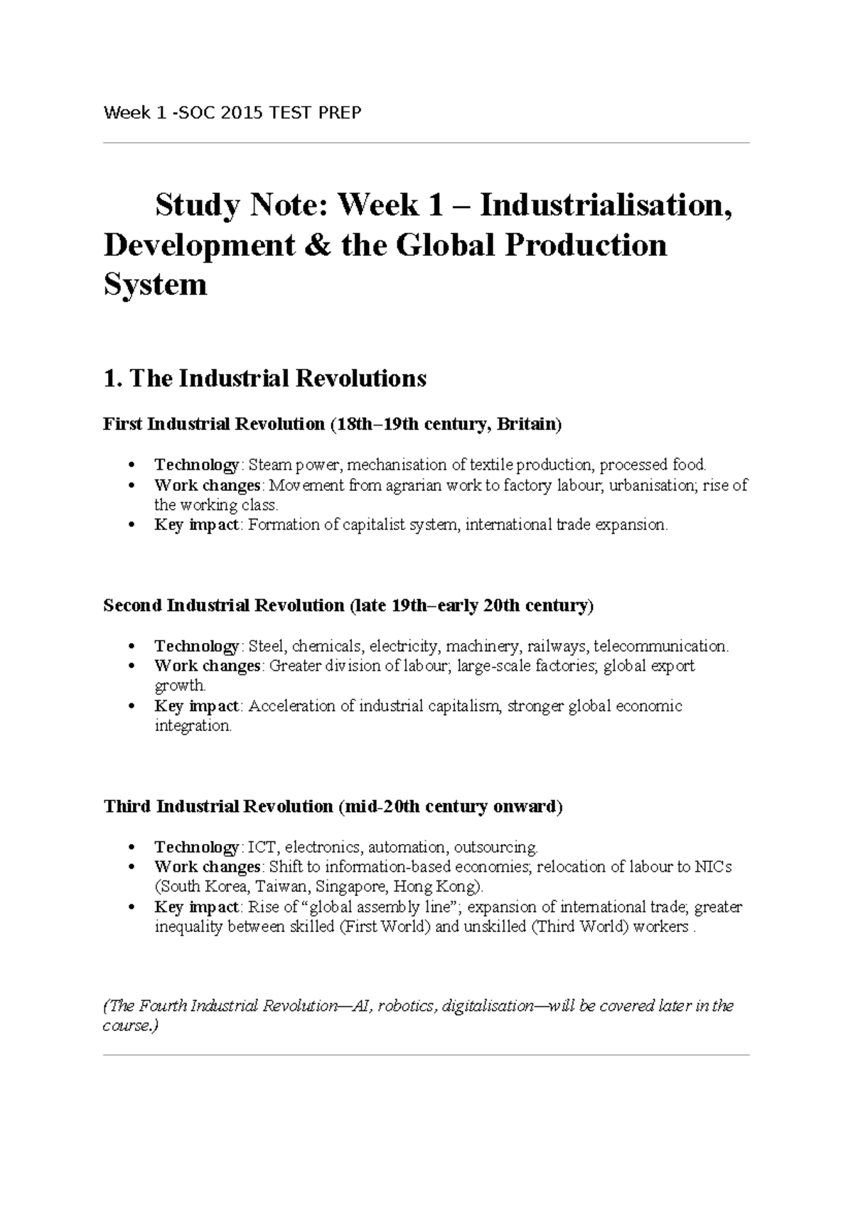 Week 1 - SOC 2015 Test Prep: Industrialisation and Global Production ...