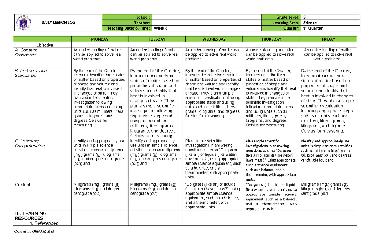 Science 5 Q1 Lesson Log: Understanding Matter in Week 8 - Studocu