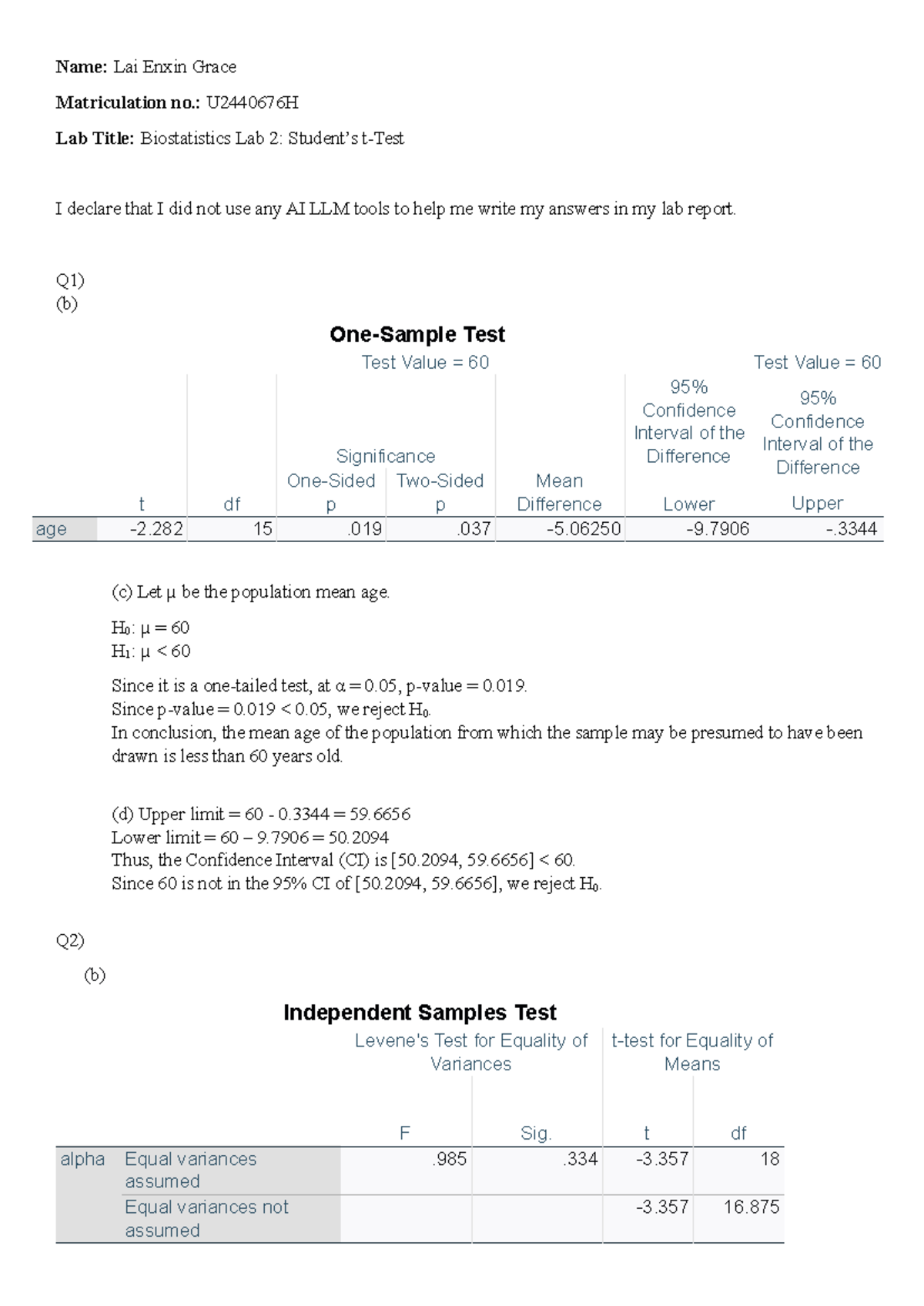 Biostatistics Lab 2 Report: Statistical Analysis & Findings - Studocu