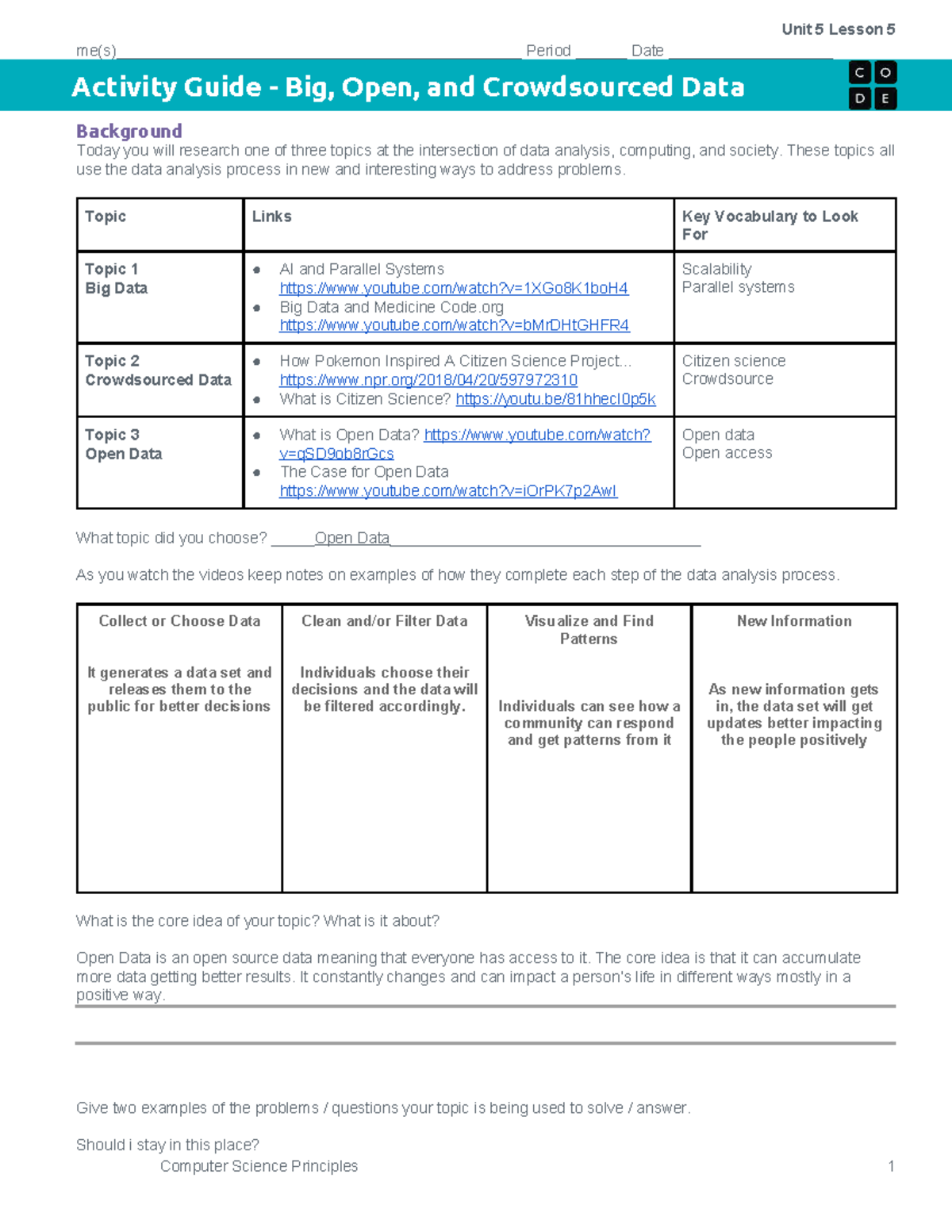 Unit 5 Lesson 5 Activity Guide: Big, Open, and Crowdsourced Data - Studocu