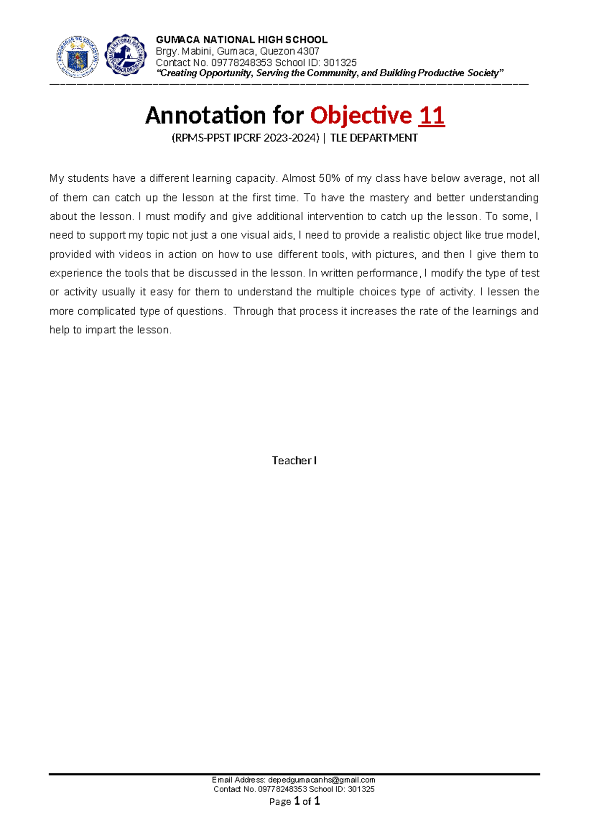 Annotation for Objective 11 - RPMS-PPST IPCRF 2023-2024 (TLE) - Studocu