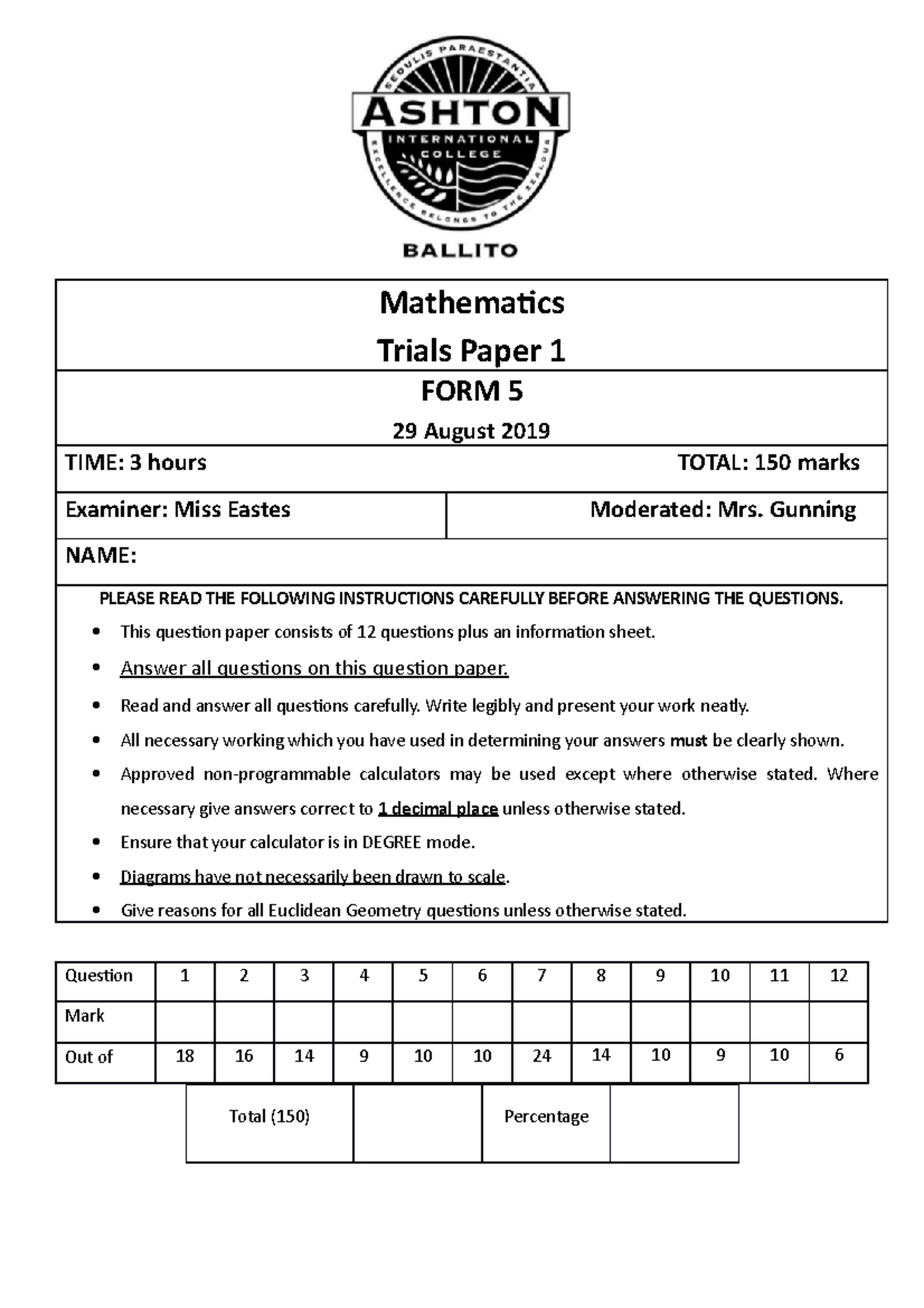 Trials Paper 1 ashton 2019 - mathematics - Mathematics Trials Paper 1 ...