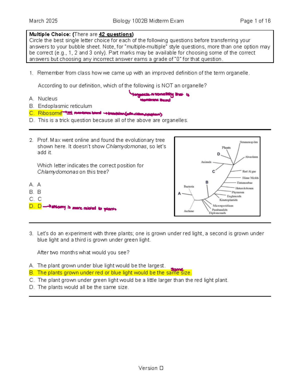 Biology 1002B Midterm Exam March 2025: Multiple Choice Questions - Studocu