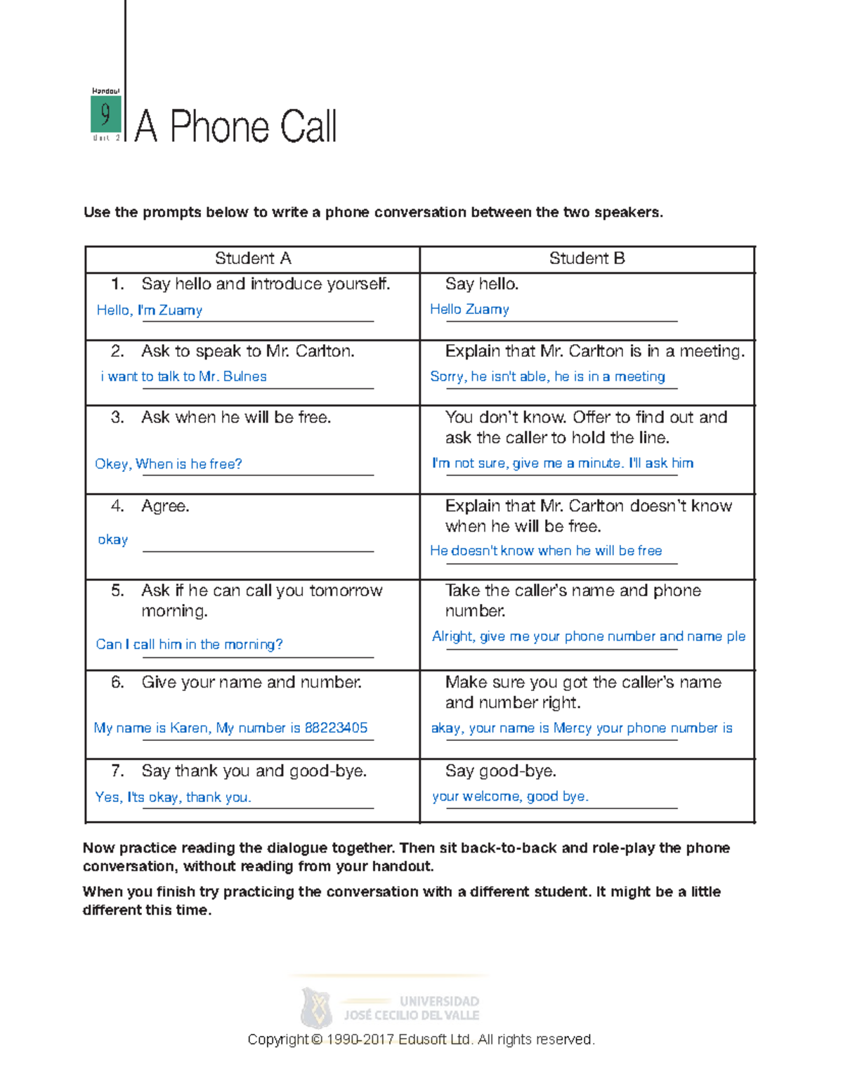 02 Basic III Handout 9 Unit 2: A Phone Call Practice Guide - Studocu