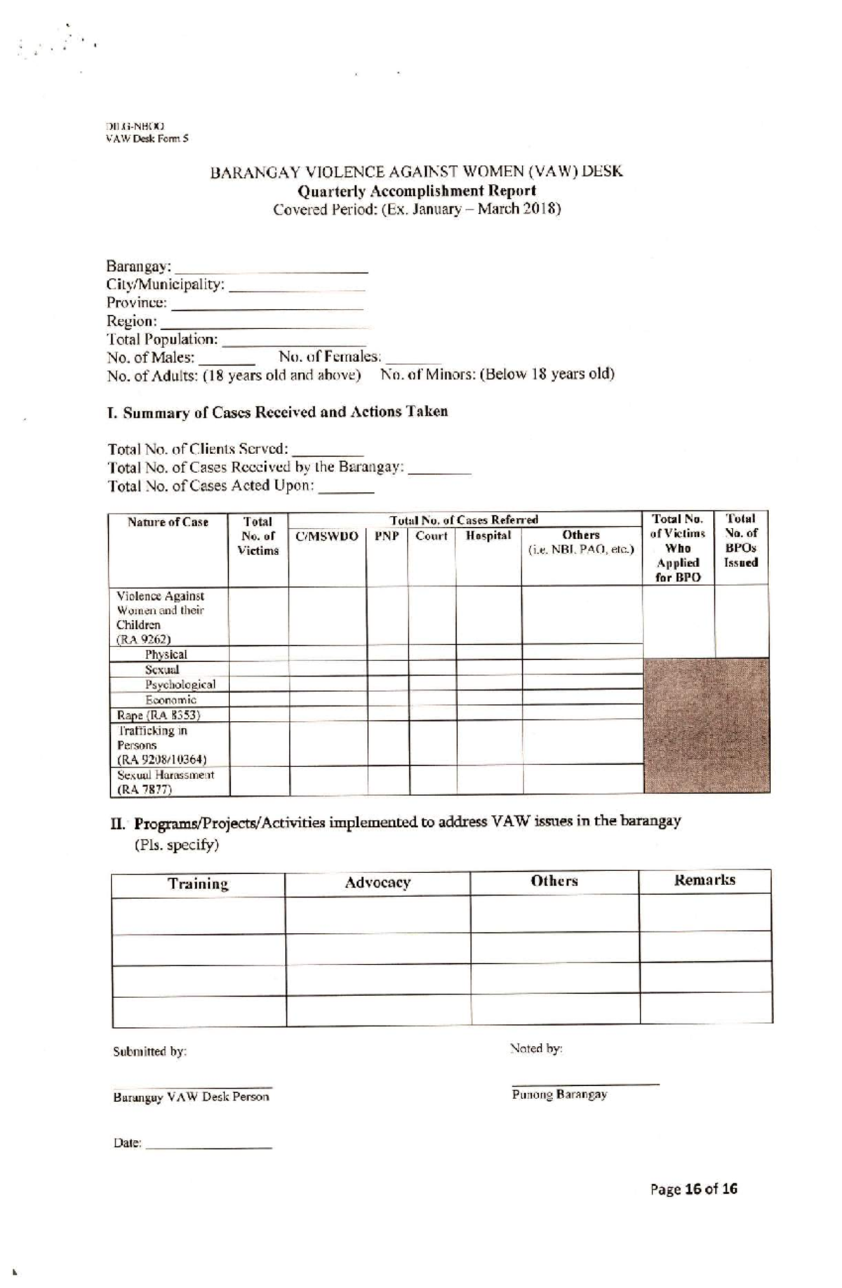 VAW Desk Form 5 - Quarterly Accomplishment Report Notes - Studocu