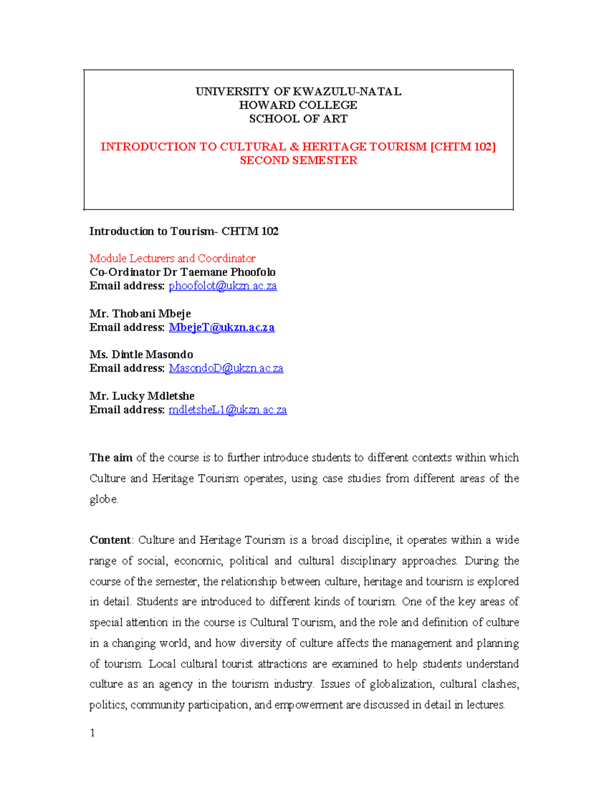 CHTM 102 Course Outline: Introduction to Cultural Heritage Tourism 2025 ...