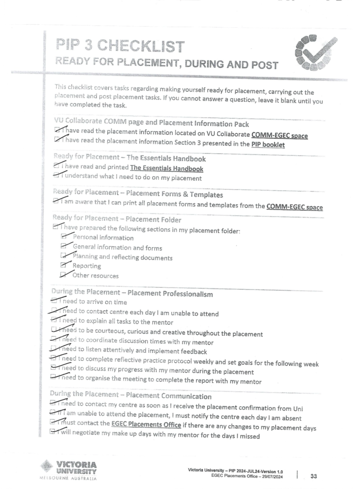 PIP 3 Checklist for Placement Readiness and Post-Placement Tasks - Studocu