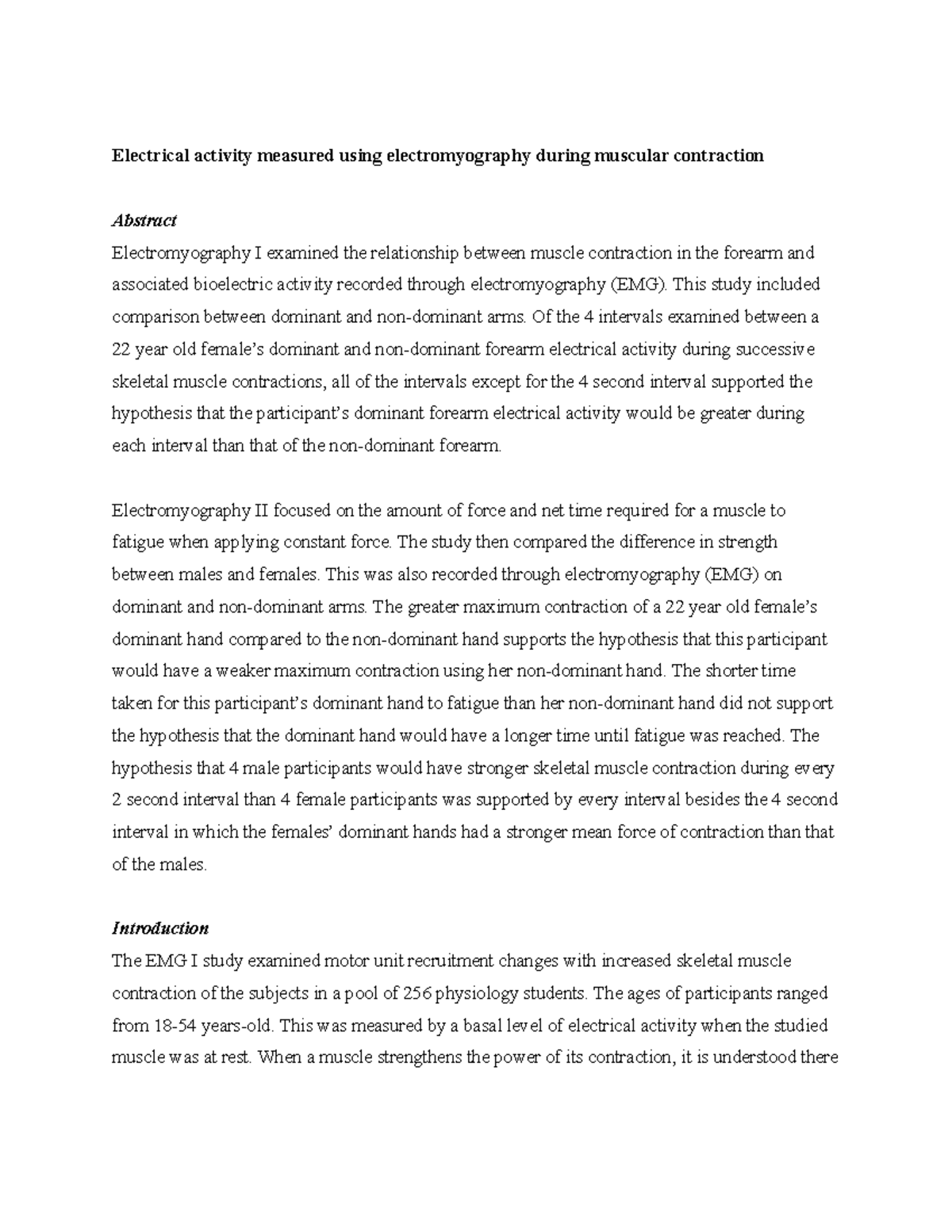 EMG I & II Lab Report: Muscle Contraction & Fatigue Analysis - Studocu