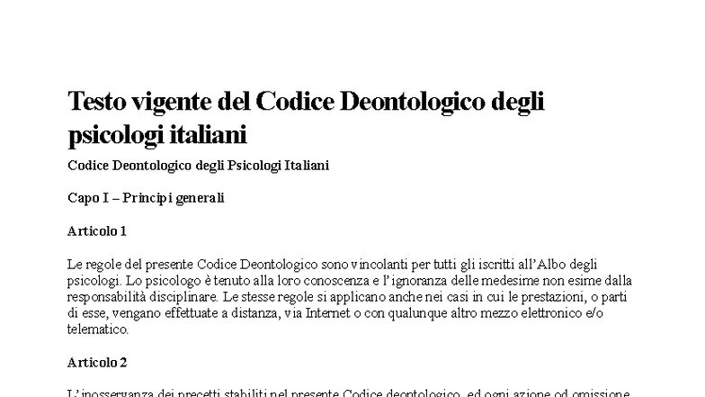 Codice Deontologico degli Psicologi Italiani: Testo Vigente - Studocu