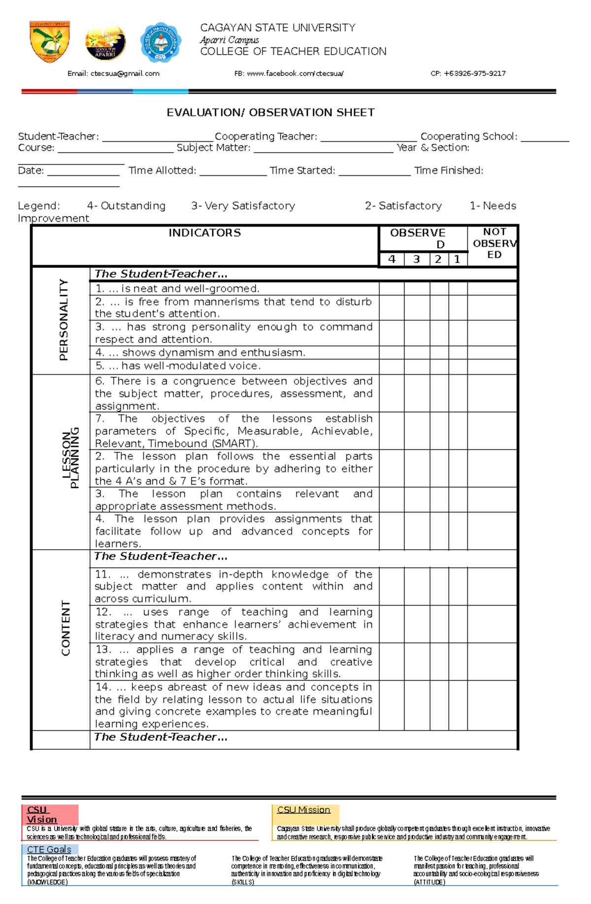 Evaluation Sheet for Student-Teacher Performance Assessment - CTE 101 ...