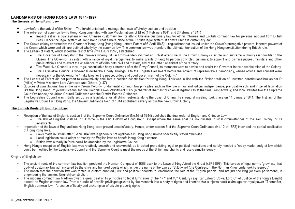 Legal System: Landmarks of HK Law (AP_Administration 104152149) - Studocu