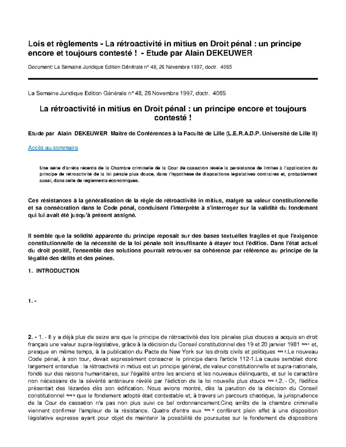 La rétroactivité in mitius en Droit pénal : Analyse critique par ...